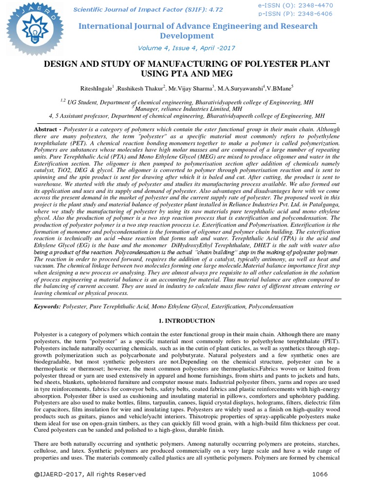 Design and Study of Manufacturing of Polyester Plant Using Pta and Meg-Ijaerdv04i0425431 PDF ...