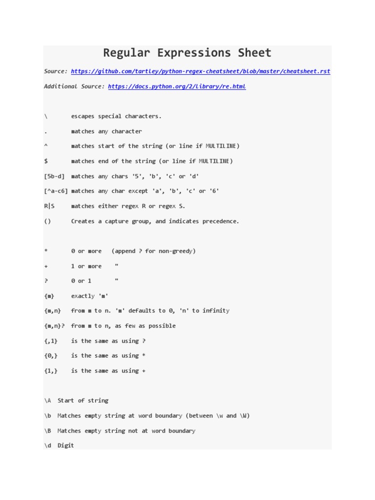 Regular Expressions Sheetpdf | PDF | Regular Expression | Character ...