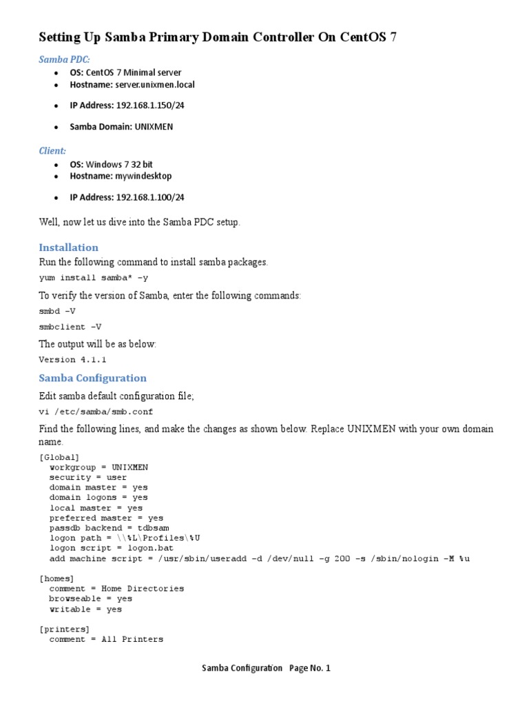 Setting Up Samba Primary Domain Controller On Centos 7: Installation | PDF | Superuser | System ...