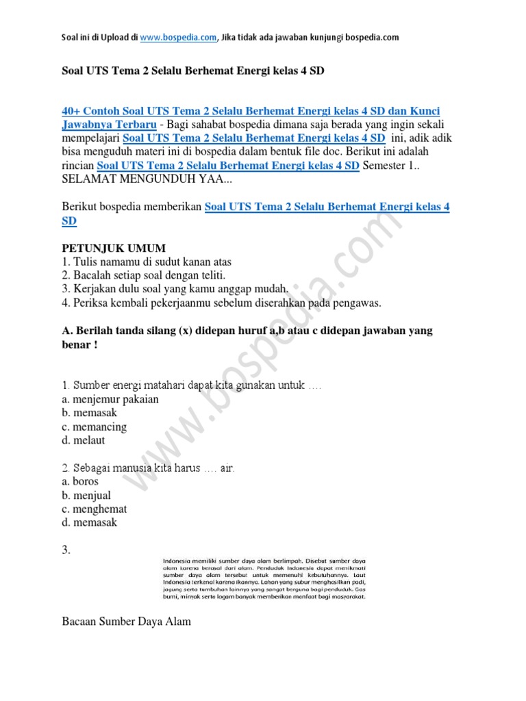 40+ Contoh Soal UTS Tema 2 Selalu Berhemat Energi Kelas 4 SD Dan Kunci Jawabnya | PDF