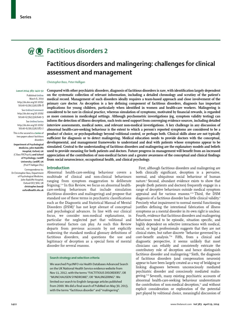 Factitious Disorders 2: Factitious Disorders and Malingering ...