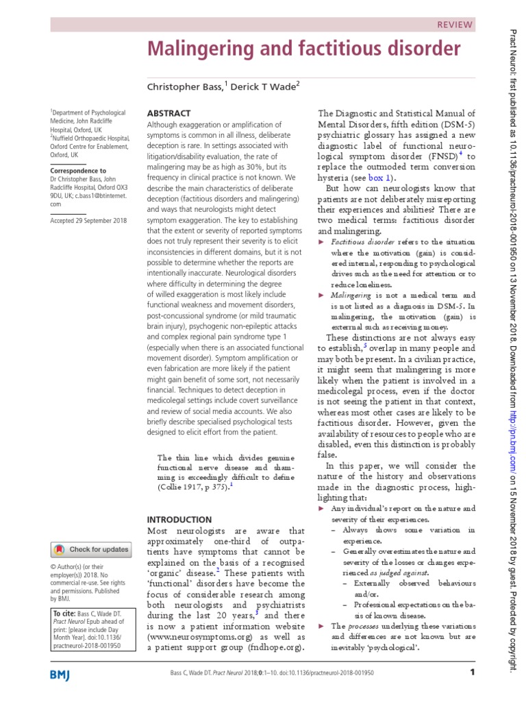 Malingering and Factitious Disorder: Christopher Bass, Derick T Wade ...
