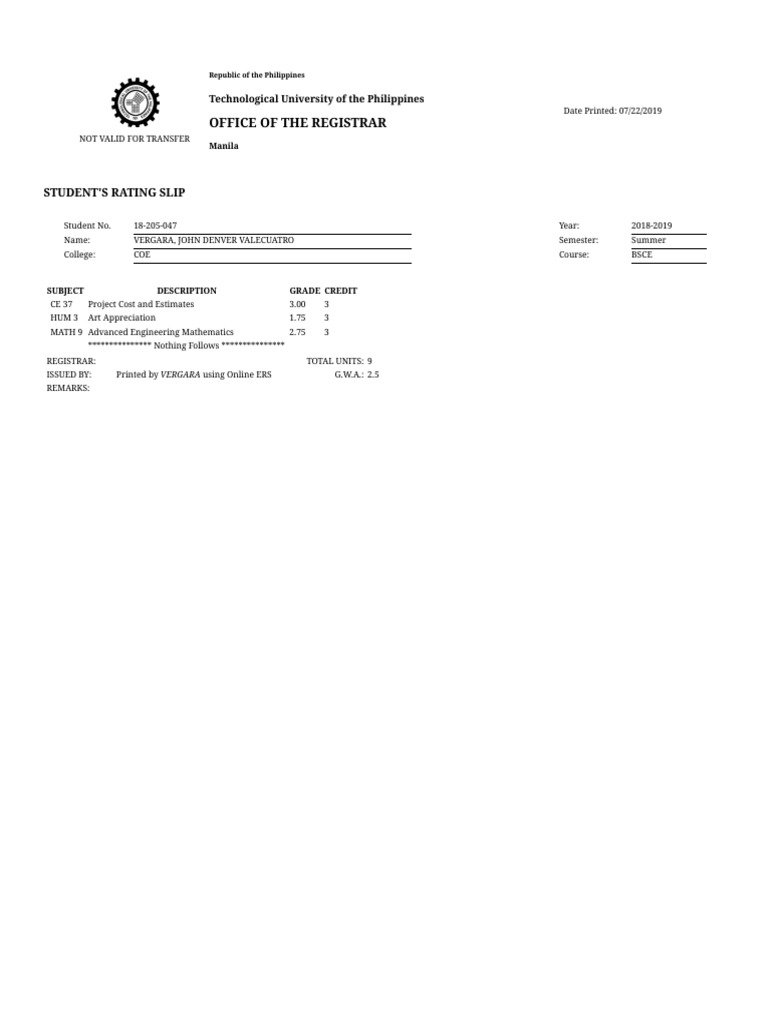 Office of The Registrar: Student'S Rating Slip | PDF