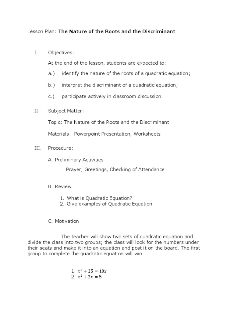 Math Lesson Plan | PDF | Quadratic Equation | Equations