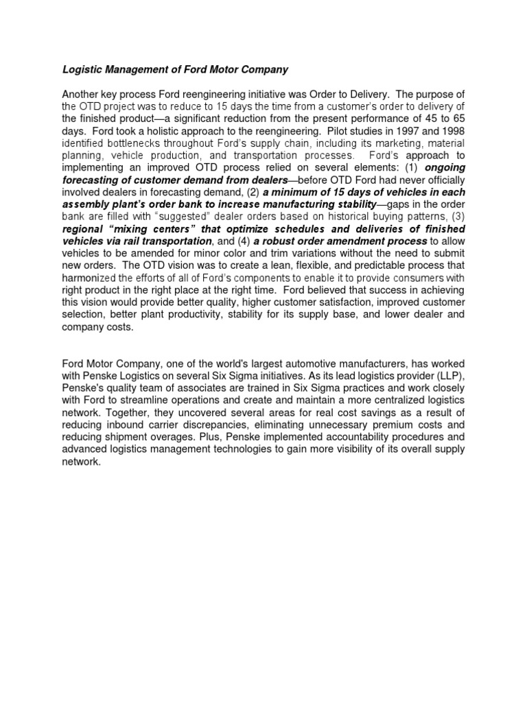 Logistic Management of Ford Motor Company | PDF