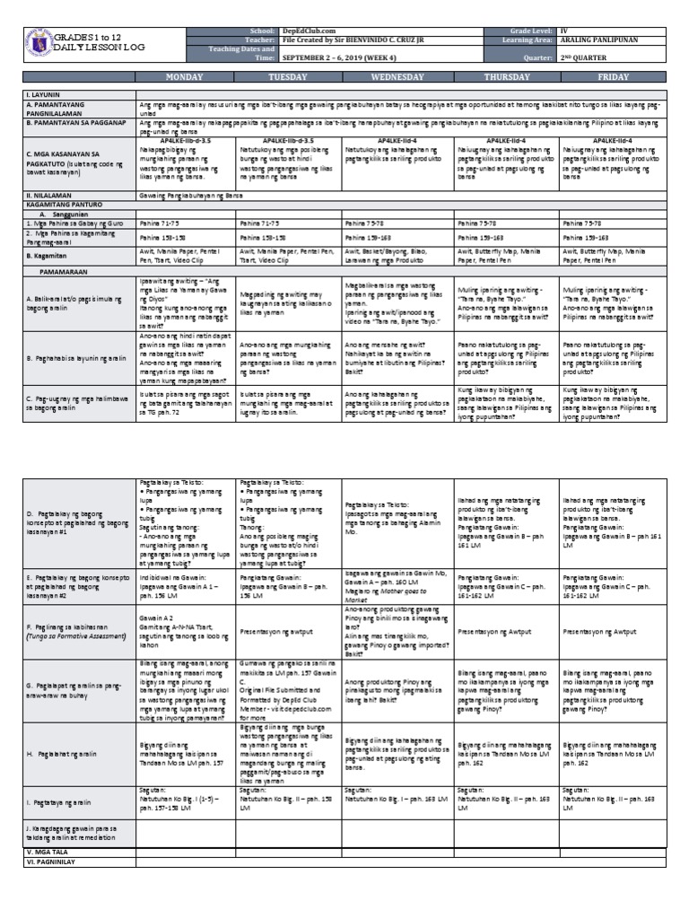 DLL - Araling Panlipunan 4 - Q2 - W4 | PDF