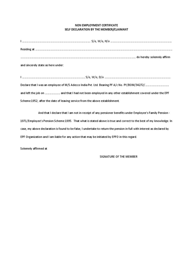 Non Employment Certificate Self Declaration | PDF