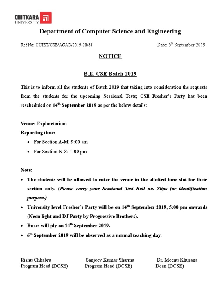 Department of Computer Science and Engineering: Notice B.E. CSE Batch 2019 | PDF