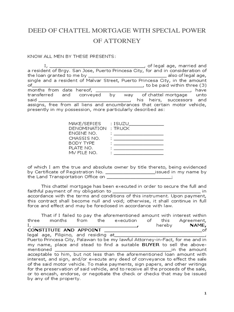 Sample Chattel Mortgage With SPA | PDF | Mortgage Law | Law Of Obligations