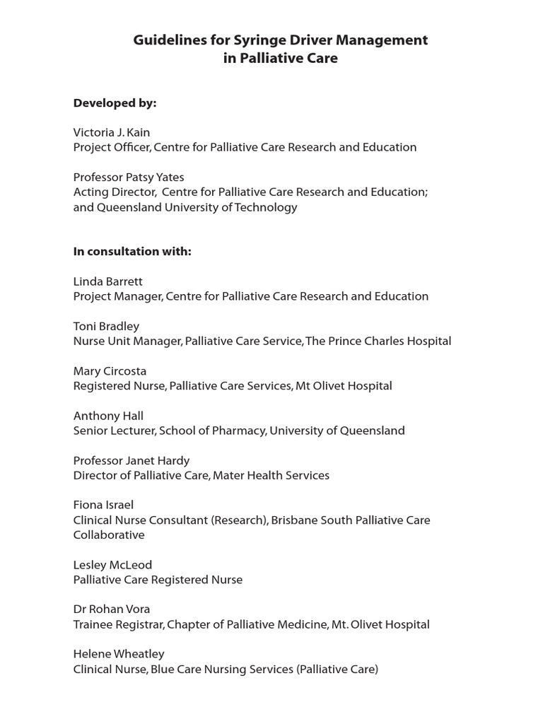 Guidelines For Syringe Driver Management in Palliative Care: Developed ...