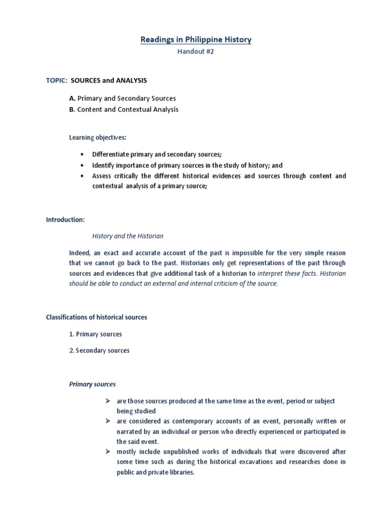 Handout No. 2 Sources and Analysis PDF | PDF | Primary Sources | Cognition