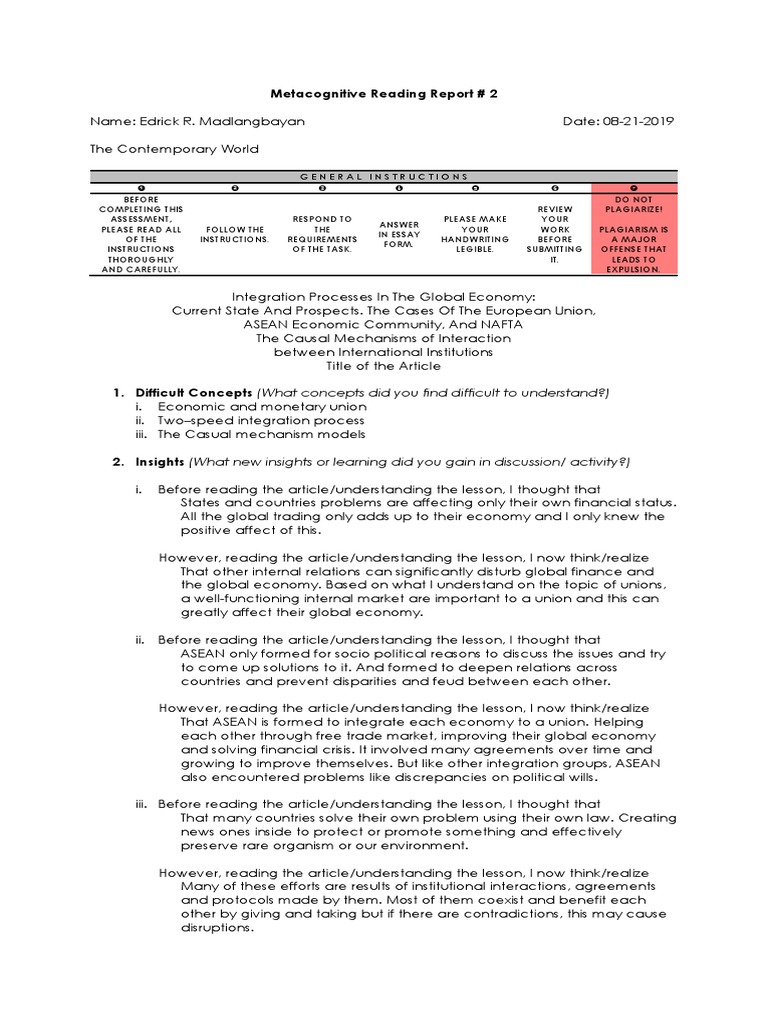 Metacognitive Reading Report 2 | PDF | Association Of Southeast Asian Nations | Metacognition