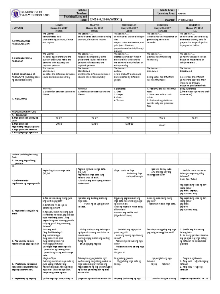GRADES 1 To 12 Daily Lesson Log JUNE 4-8, 2018 (WEEK 1) | PDF | Rhythm ...