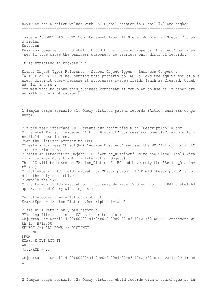 Howto Select Distinct Values With Eai Siebel Adapter In Siebel 78 And