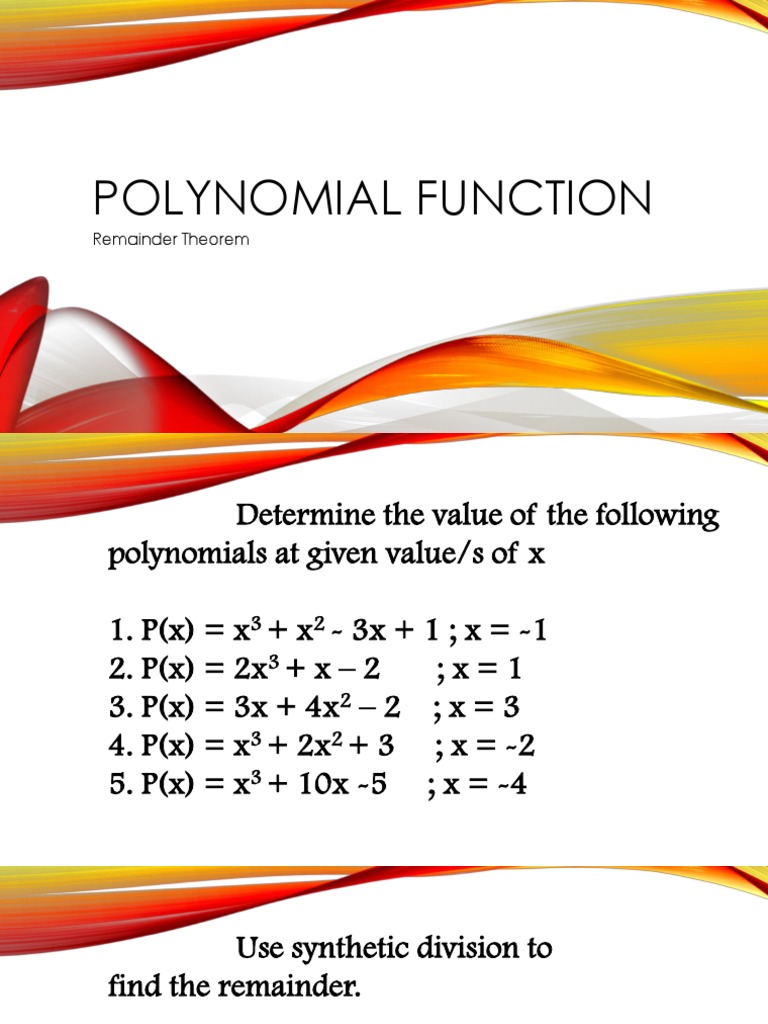 Polynomial Function: Remainder Theorem | PDF | Polynomial | Factorization