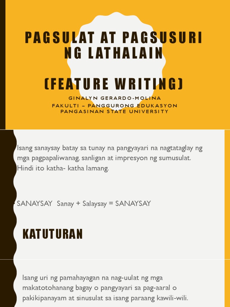 Pagsulat at Pagsusuri Ng LATHALAIN (Feature Writing