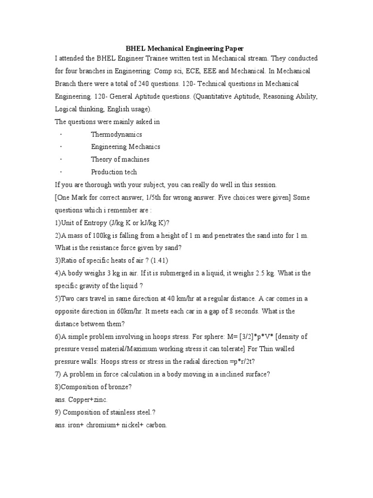 BHEL Mechanical Engineering Paper | PDF | Gear | Physics