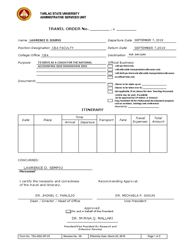 Travel Order No.: Lawrence D. Sempio | PDF | Per Diem | Business