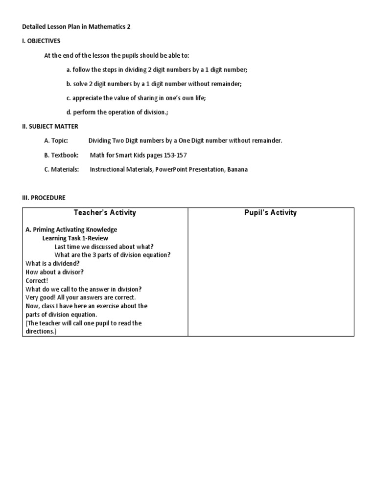 Detailed Lesson Plan in Mathematics 2 | PDF | Division (Mathematics ...