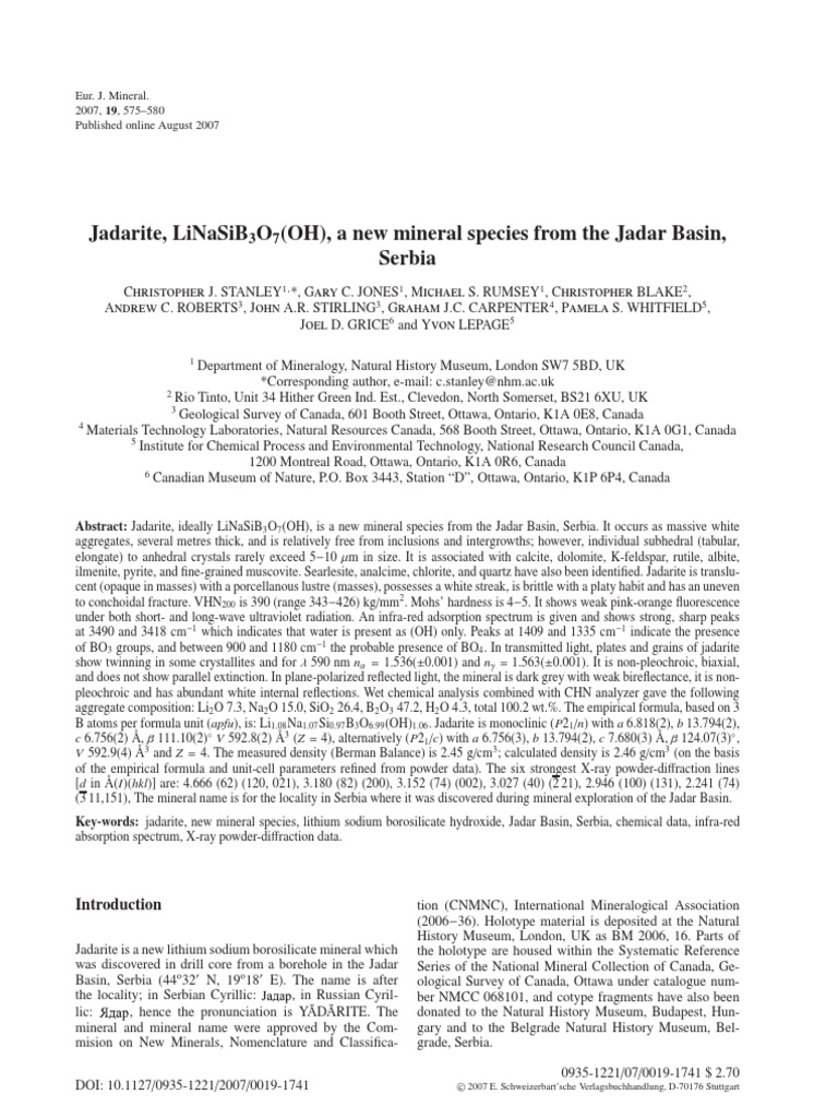 Jadarite, Linasib O (Oh), A New Mineral Species From The Jadar Basin ...