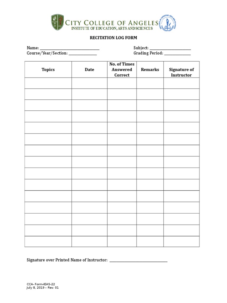 Recitation Log Form Template | PDF
