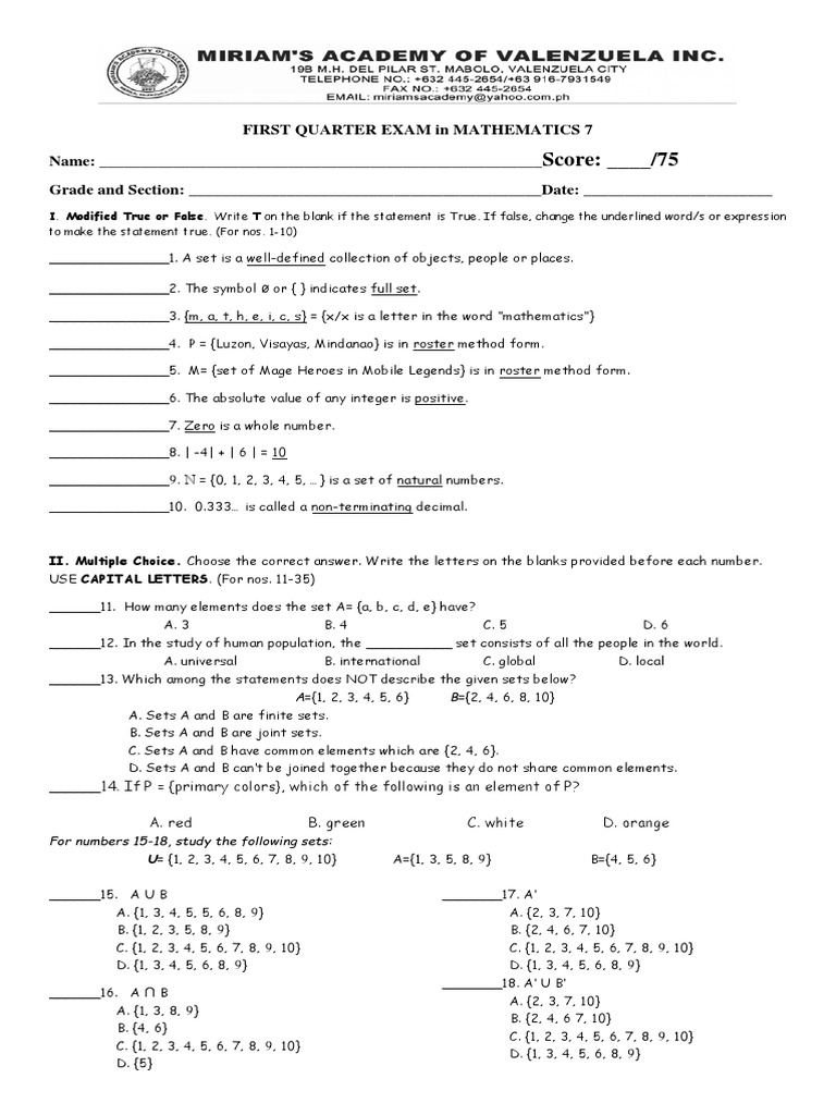 First Quarter Exam - Mathematics 7 | PDF | Elementary Mathematics ...
