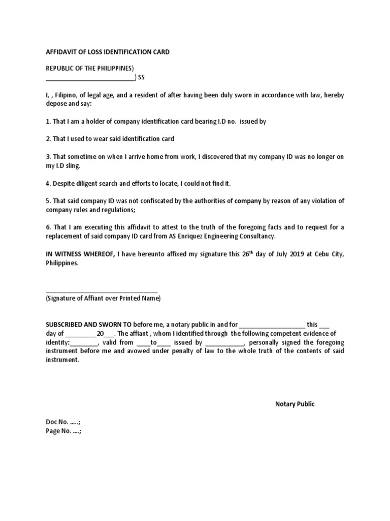 Affidavit of Loss Identification Card | PDF
