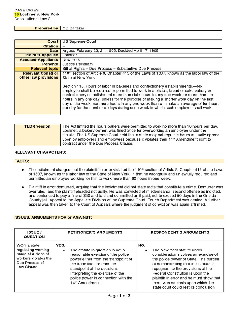 Lochner v. New York | PDF | Fourteenth Amendment To The United States ...