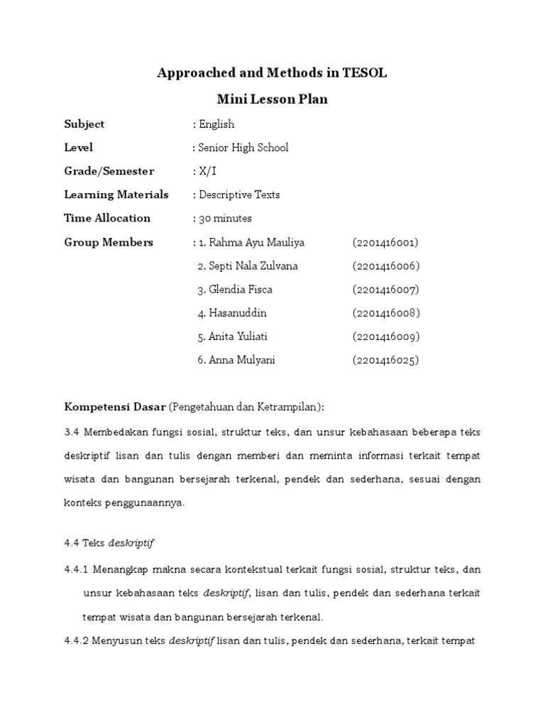 Approaches and Methods and TESOL - Mini Lesson Plan Format-1 | Download ...