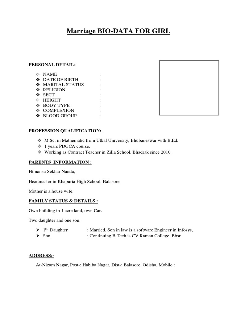 Marriage Bio-Data For Girl: Personal Detail | PDF