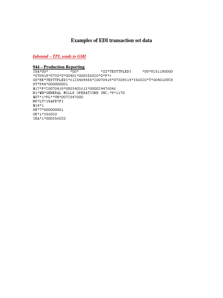 Examples of EDI Transaction Set Data: Inbound - TPL Sends To GMI | PDF ...