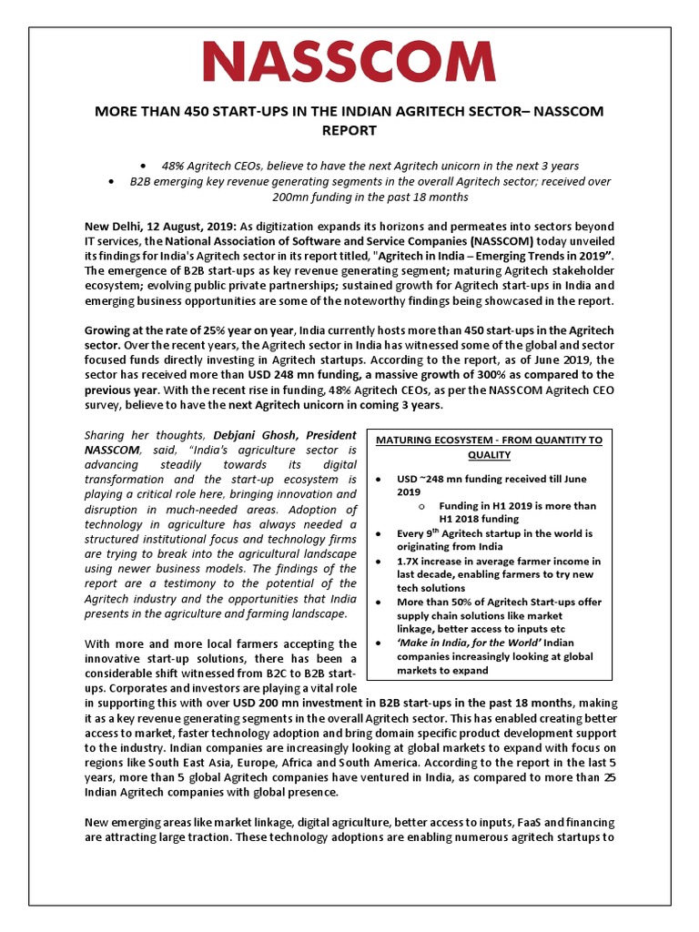 NASSCOM Press Release Agritech Report 2019 | PDF | Startup Company | Small Business & Entrepreneurs