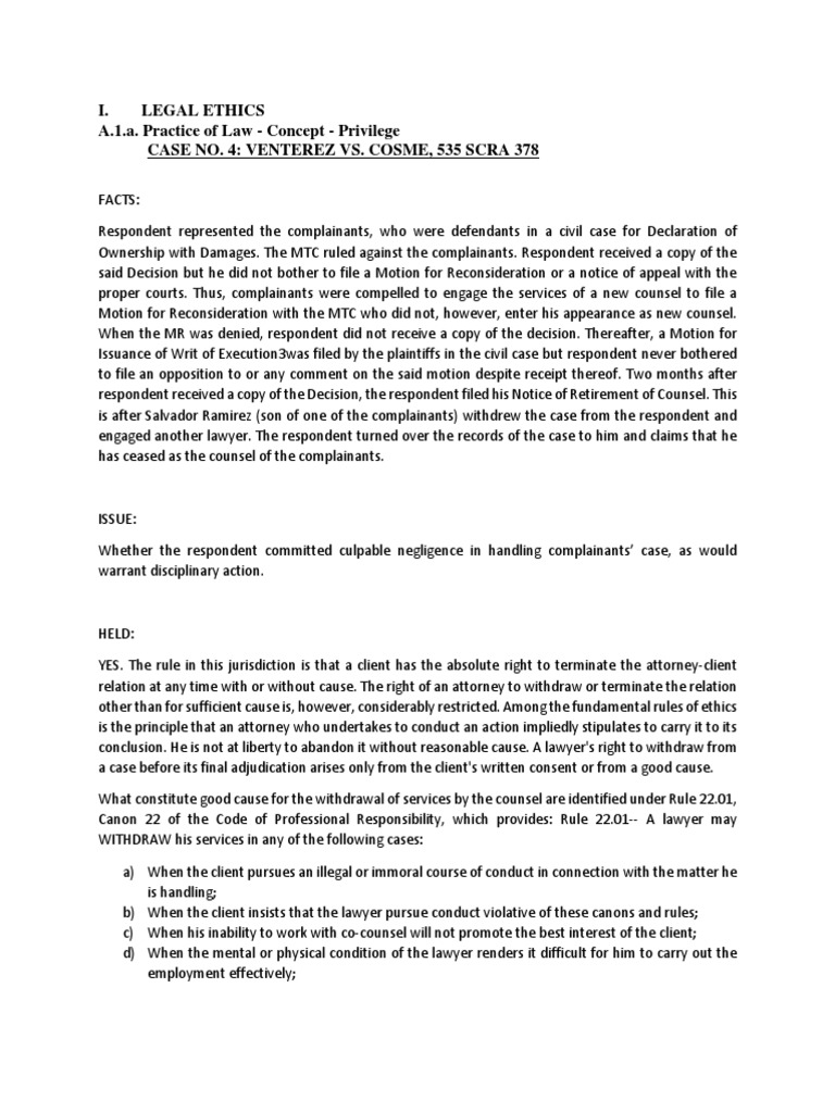 Case No. 4 Venterez vs. Cosme, 535 Scra 378 - Digest | PDF | Lawyer ...