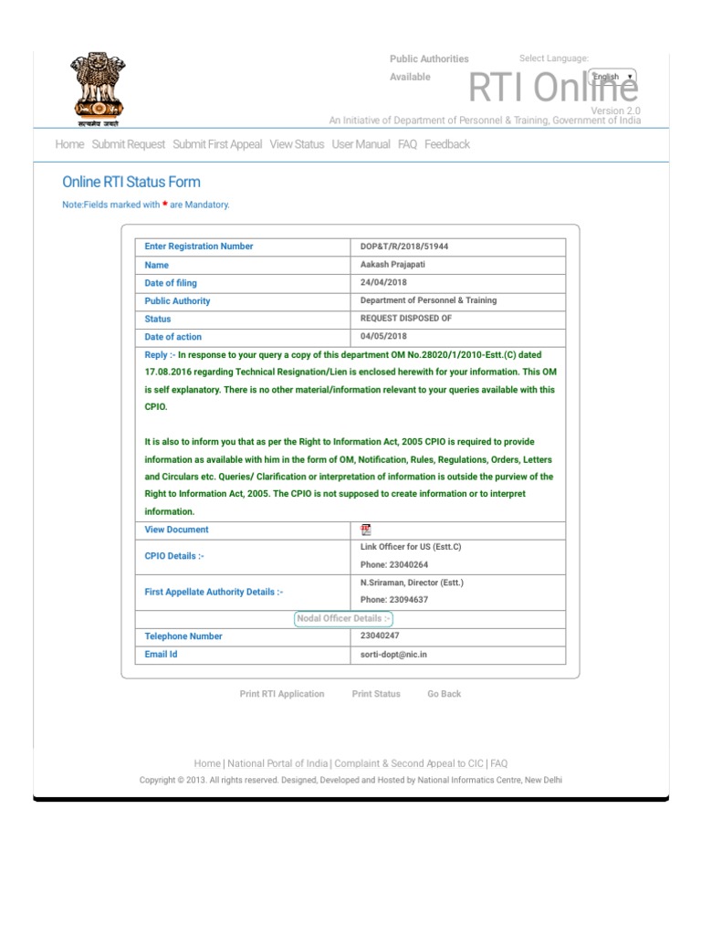 RTI Online - View Status Form | PDF | Government Information | Government