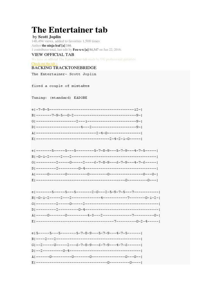 The Entertainer Tab | PDF | Ragtime | Scott Joplin The Entertainer Tab | PDF | Ragtime | Scott Joplin