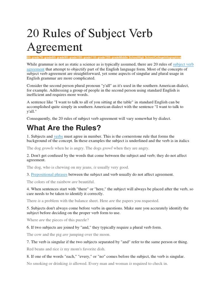 20 Rules of Subject Verb Agreement | PDF | Grammatical Number | Subject ...