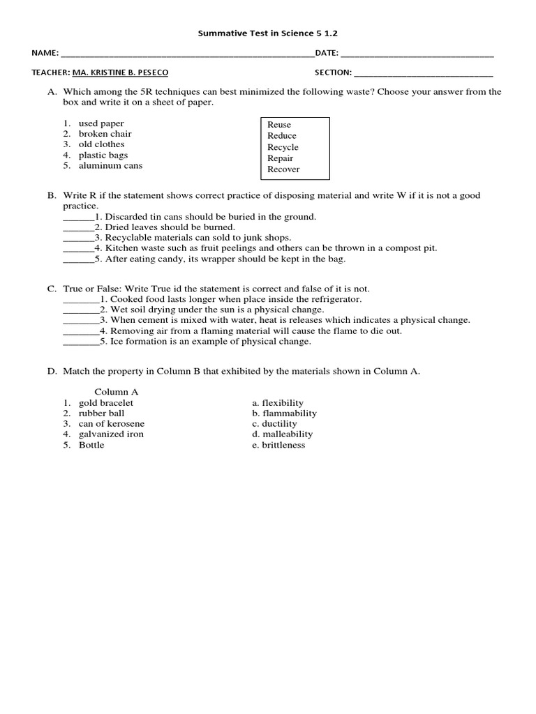 Summative Test in Science 5 1 | PDF