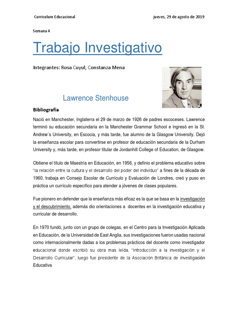 Perfil biográfico y aportes de Lawrence Stenhouse al modelo curricular ...