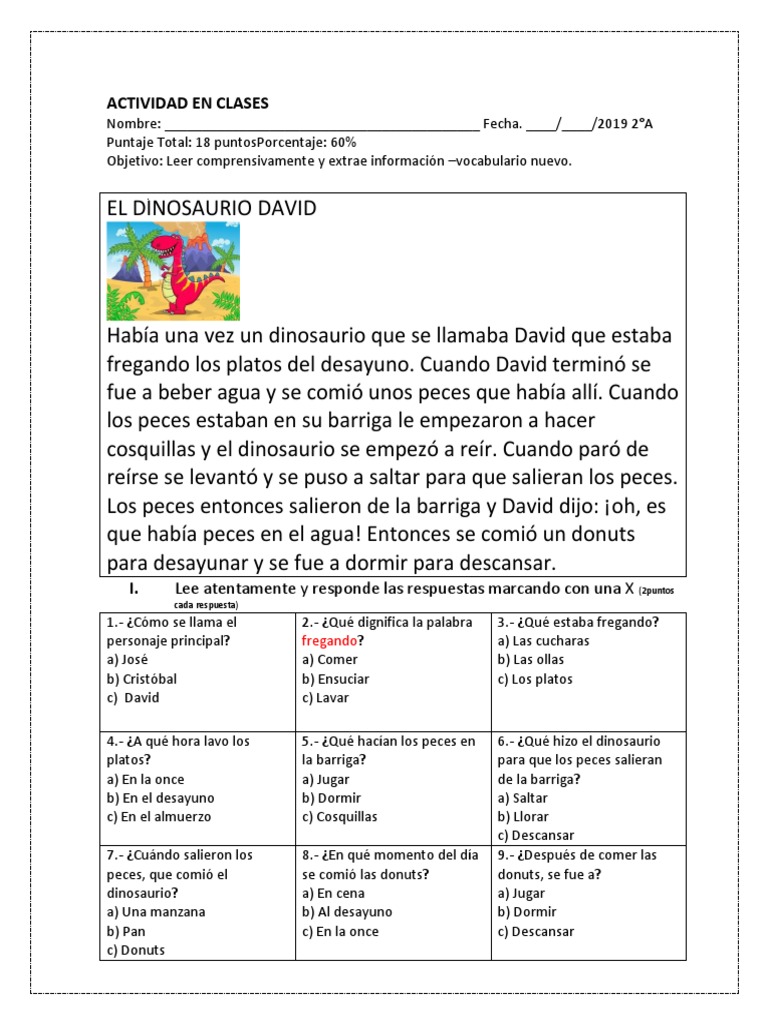 Comrension Lector Dinosaurio David | PDF