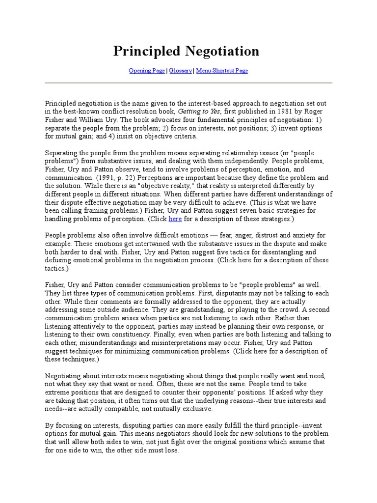 Principled Negotiation: Opening Page Glossary Menu Shortcut Page | PDF ...