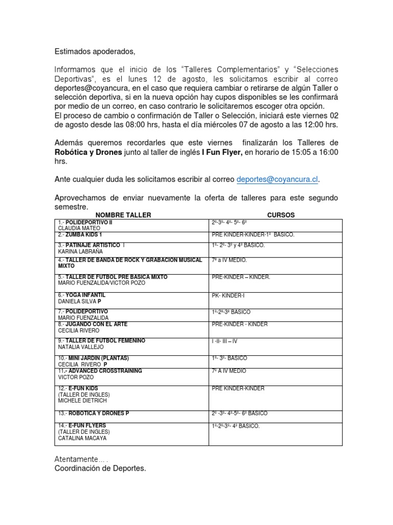 3ARC Inicio Talleres y Selecciones 2do Semestre PDF | PDF