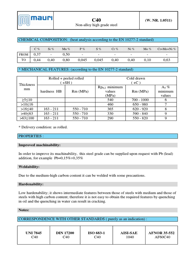 C40 Steel: Composition and Properties | PDF