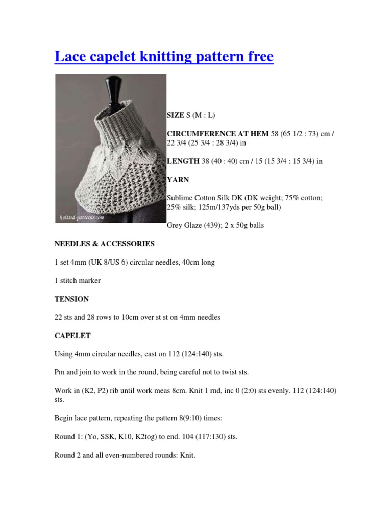 Free Lace Capelet Knitting Pattern | PDF | Knitting | Animal Hair Products