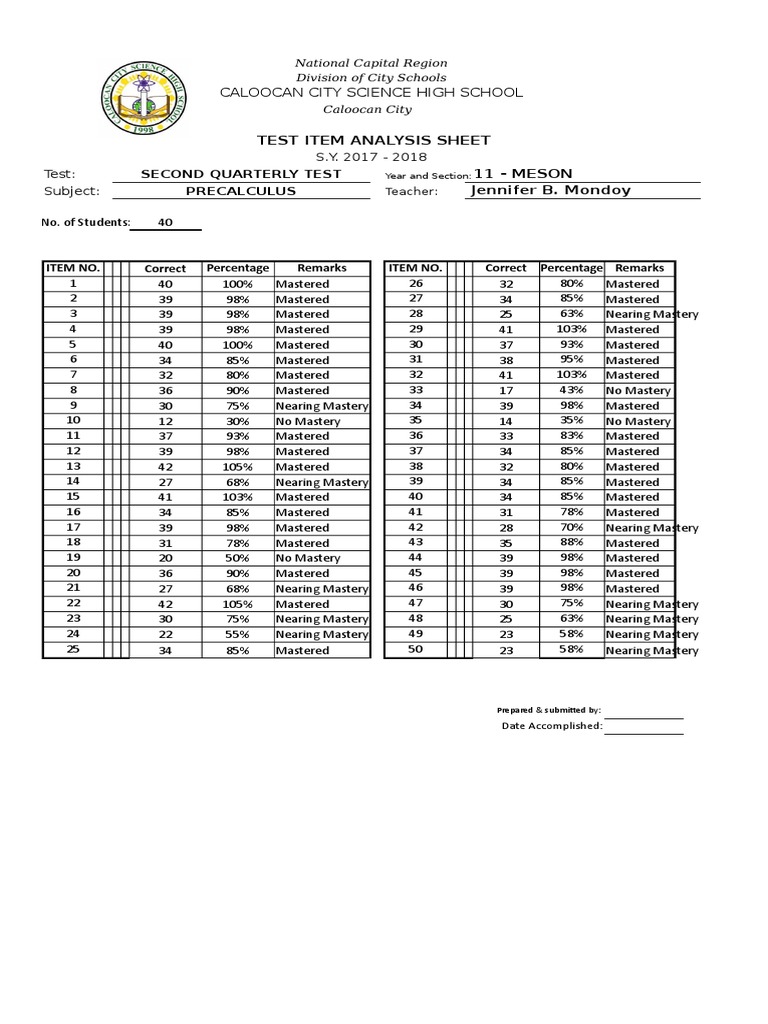 Caloocan City Science High School: Test Item Analysis Sheet 11 - Meson ...