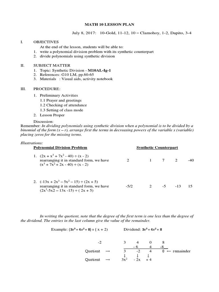 Synthetic Division of Polynomials Drill | PDF | Division (Mathematics ...