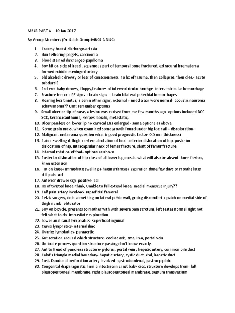 MRCS Part A 10 Jan 2017 Recalls (DR Salah Group) . | PDF | Knee | Human Leg