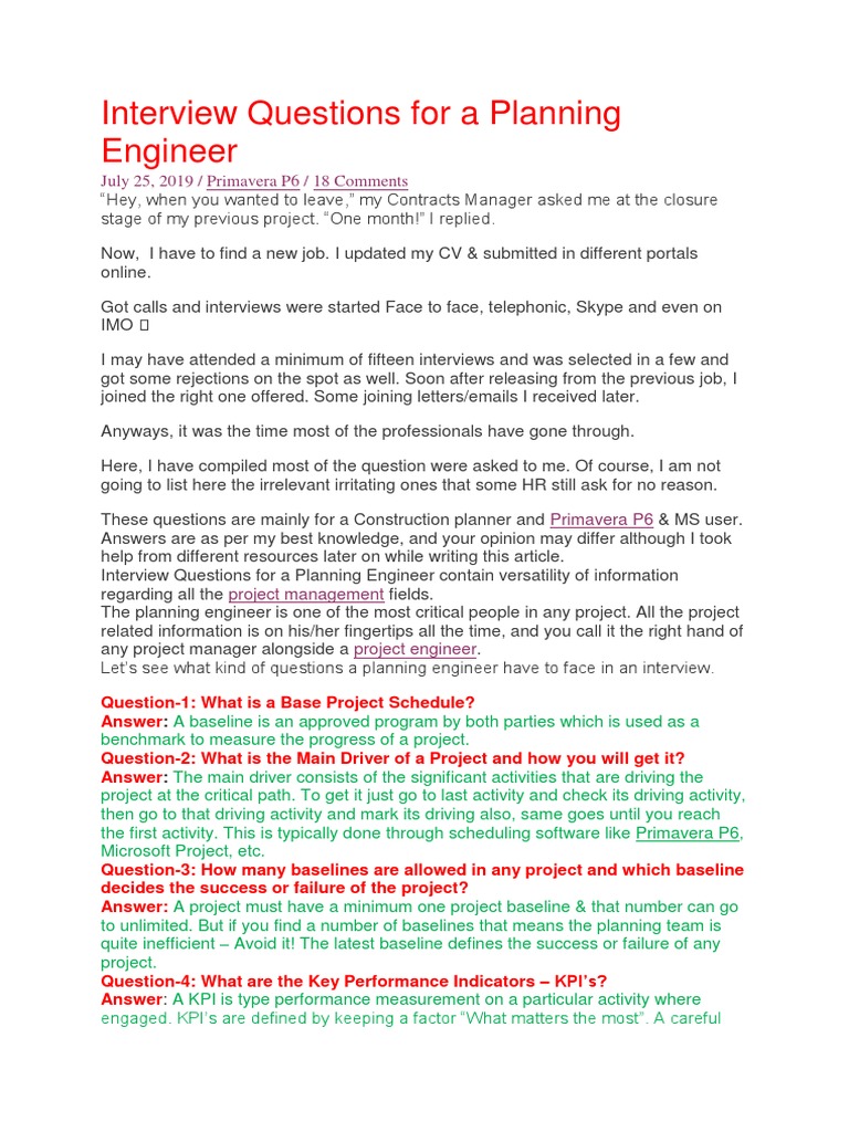 Interview Questions For A Planning Engineer: July 25, 2019 / Primavera ...