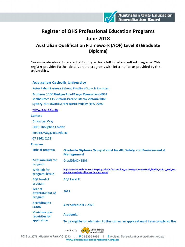 2018 OHS Graduate Diploma Programs | PDF | Occupational Safety And ...