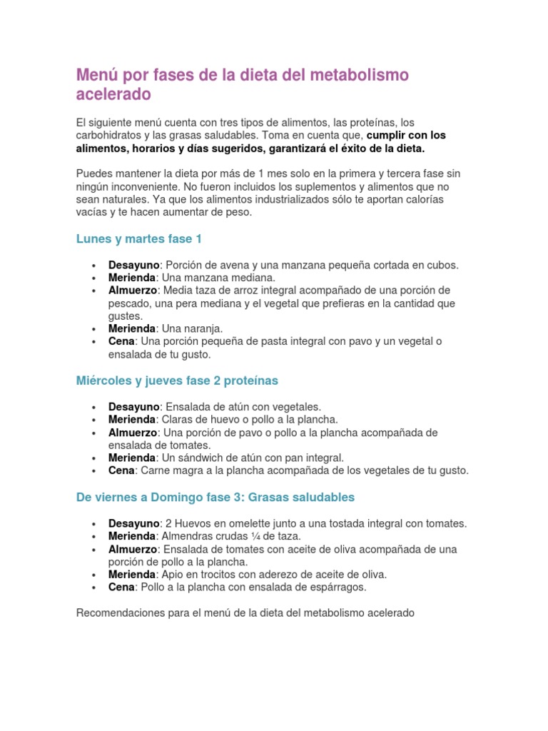 Menu Fases Dieta Metabolismo Acelerado | PDF | Dieta | ensalada