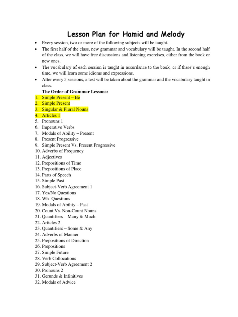 Lesson Plan For Hamid and Melody: The Order of Grammar Lessons | PDF ...